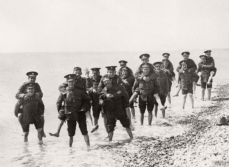 Vintage Soldiers Swimming And Playing In The Water During World War I